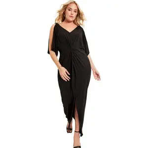 JUNE + VIE Twist Front V-neck Maxi Dress With Slit - Black