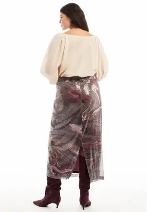 JUNE + VIE Sequined Mesh Column Midi Skirt - Marble