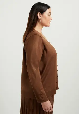 JUNE + VIE V-neck Button-sleeve Cardigan - Cocoa Brown