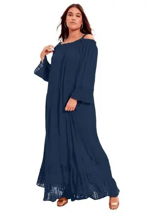 JUNE + VIE Off-the-shoulder Maxi Dress With Lace Insets - Navy