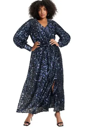 JUNE + VIE Sequin V-neck Bishop Sleeve Dress