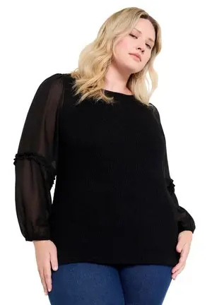 JUNE + VIE Puff-sleeve Smocked Blouse - Black Onyx