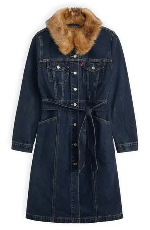 LEVI'S Belted Denim Coat With Faux Fur Collar