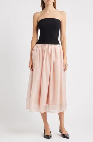 Moon River Strapless Mixed Media Midi Dress