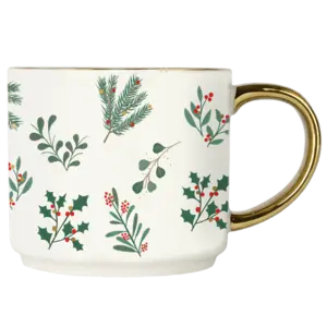 SWEET WATER DECOR Gold Handle Holiday Coffee Mug - Holiday Greenery