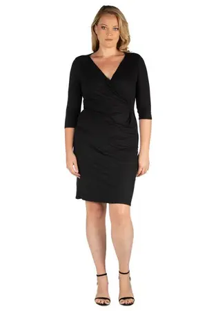 24SEVEN COMFORT APPAREL Knee Length V Neck Dress - Black
