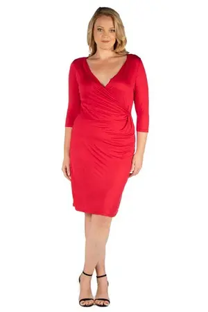 24SEVEN COMFORT APPAREL Knee Length V Neck Dress - Red