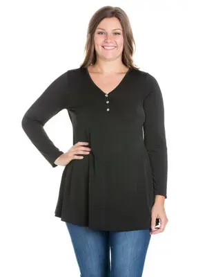 24SEVEN COMFORT APPAREL Flared Long Sleeve Henley Tunic Top - Black