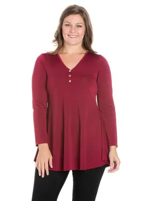 24SEVEN COMFORT APPAREL Flared Long Sleeve Henley Tunic Top Wine