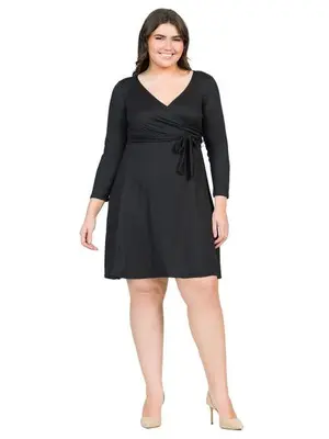 24SEVEN COMFORT APPAREL V-neck Long Sleeve Belted Dress - Black