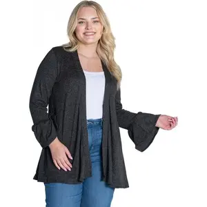 24SEVEN COMFORT APPAREL Knit Three Quarter Bell Sleeve Open Cardigan Black