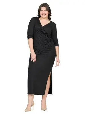 24SEVEN COMFORT APPAREL Fitted V-neck Maxi Dress With Slit - Black