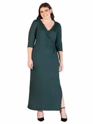 24SEVEN COMFORT APPAREL Fitted V-neck Maxi Dress With Slit - Hunter