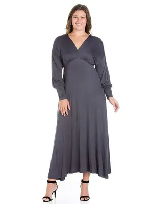 24SEVEN COMFORT APPAREL V-neck Long Sleeve Maxi Dress - Charcoal