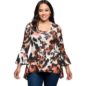 24SEVEN COMFORT APPAREL Scoop Neck Bell Sleeve Animal Print Tunic Top - Gray Multi