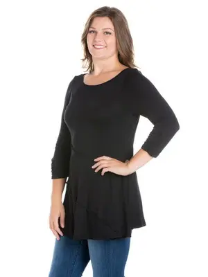 24SEVEN COMFORT APPAREL Ruched Sleeve Swing Tunic Top - Black