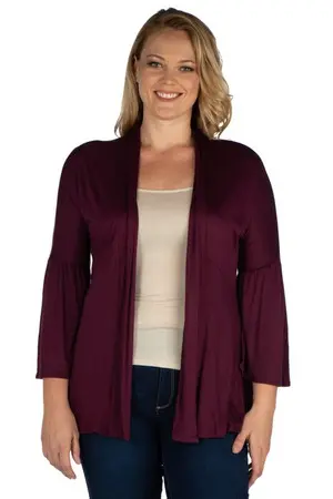 24SEVEN COMFORT APPAREL Bell Sleeve Flared Open Front Cardigan - Plum