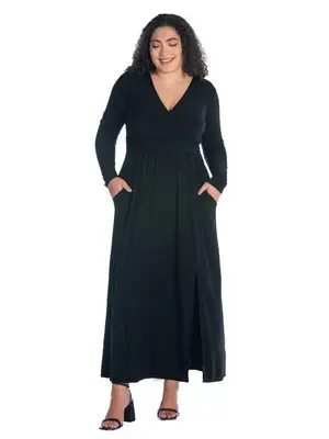 24SEVEN COMFORT APPAREL Long Sleeve V Neck Maxi Dress With Slit - Black
