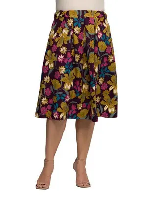 24SEVEN COMFORT APPAREL Floral Print Elastic Waist Midi Skirt - Purple Multi