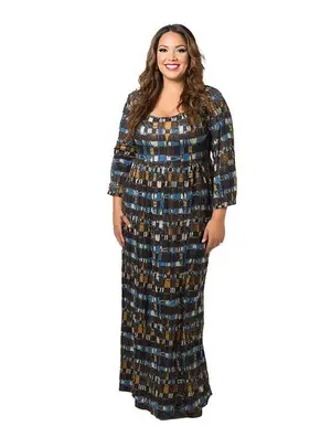 24SEVEN COMFORT APPAREL Geometric Print Empire Waist Maxi Dress - Multi