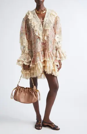 Zimmermann Rebellion Linen & Silk Lace-up Minidress - Tan Floral