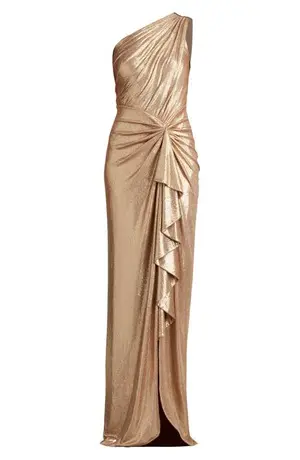 Tadashi Shoji Foil Ruffle One-shoulder Gown