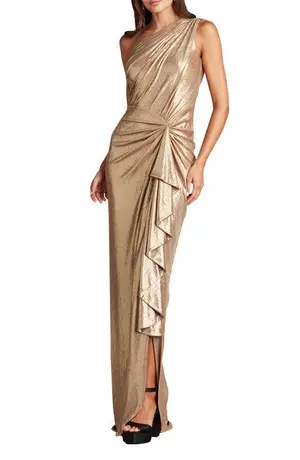 Tadashi Shoji Foil Ruffle One-shoulder Gown