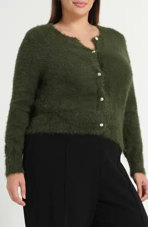 ESTELLE Camille Fuzzy Crewneck Cardigan - Olive