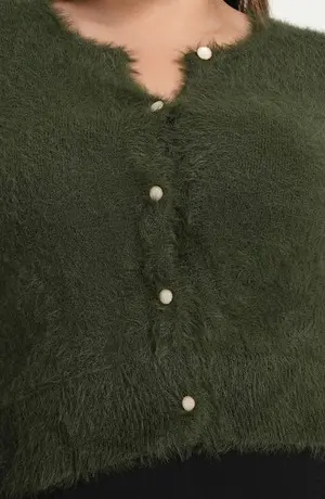 ESTELLE Camille Fuzzy Crewneck Cardigan - Olive