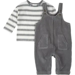 PETIT LEM Long Sleeve Top & Corduroy Overalls Set - Medium Grey