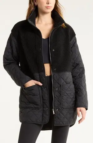 Zella Faux Shearling Hybrid Quilted Long Jacket - Black