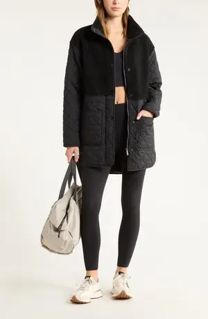 Zella Faux Shearling Hybrid Quilted Long Jacket - Black