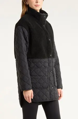 Zella Faux Shearling Hybrid Quilted Long Jacket - Black