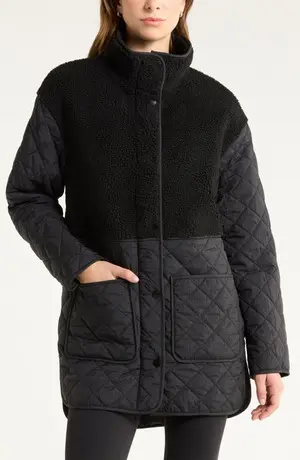 Zella Faux Shearling Hybrid Quilted Long Jacket - Black