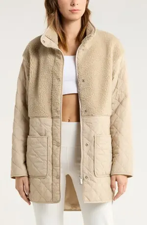 Zella Faux Shearling Hybrid Quilted Long Jacket Tan Oxford