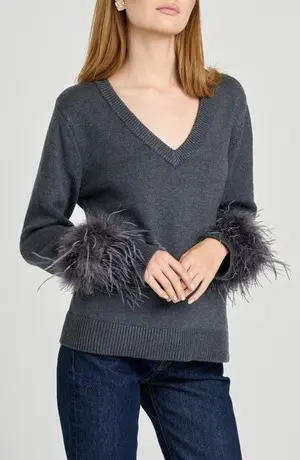 WAYF Bethany Feather Trim Sweater - Charcoal