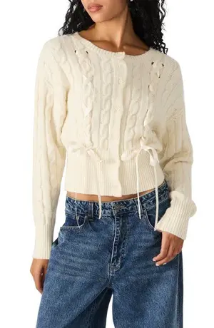 Steve Madden Saidee Ribbon Detail Cable Cardigan - Antique White