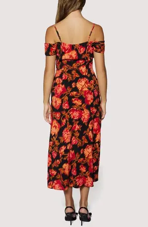LOST + WANDER Floral Print Cold Shoulder Midi Dress