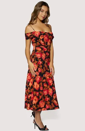 LOST + WANDER Floral Print Cold Shoulder Midi Dress