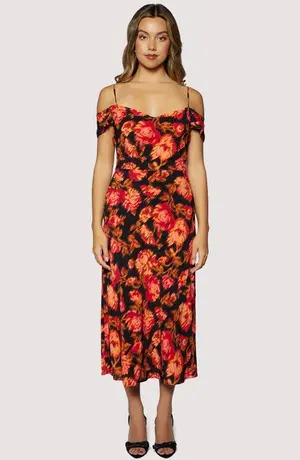LOST + WANDER Floral Print Cold Shoulder Midi Dress