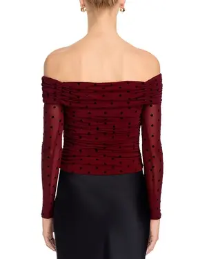 Aqua Off-the-shoulder Polka Dot Mesh Top - Burgundy/black