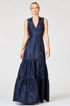 Sachin & Babi Floral Damask Empire Waist Gown - Deep Ocean