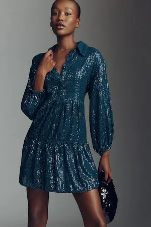 Women's Mini Sequin Tiered Shirt Dresses