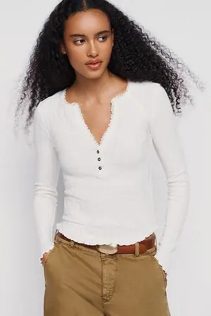 PILCRO Long-sleeve Ruffled Lace-trim Henley Top - Cloud Dancer