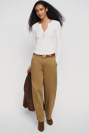 PILCRO Long-sleeve Ruffled Lace-trim Henley Top - Cloud Dancer