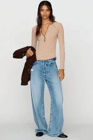 PILCRO Long-Sleeve Ruffled Lace-Trim Henley Top Neutral Pattern