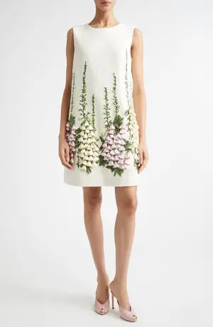 Oscar De La Renta Floral Embroidered Tweed Shift Dress