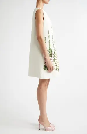 Oscar De La Renta Floral Embroidered Tweed Shift Dress