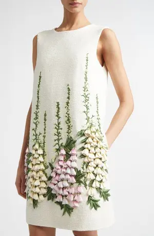 Oscar De La Renta Floral Embroidered Tweed Shift Dress