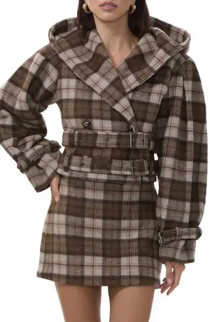 AFRM Plaid Double-breasted Hooded Crop Jacket